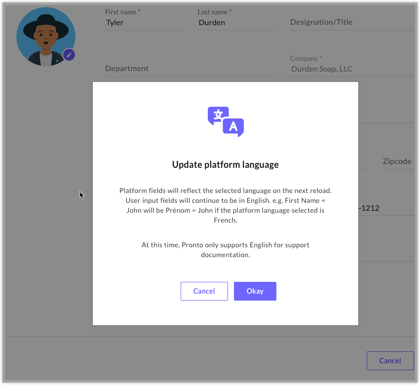 Update your profile and change platform language – Pronto Support